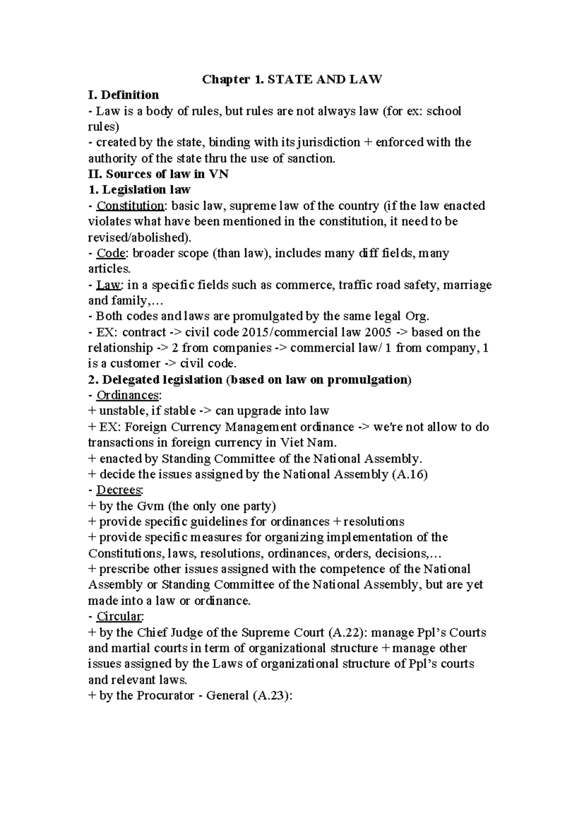 Introduction to Laws Note - Chapter 1. STATE AND LAW I. Definition Law ...