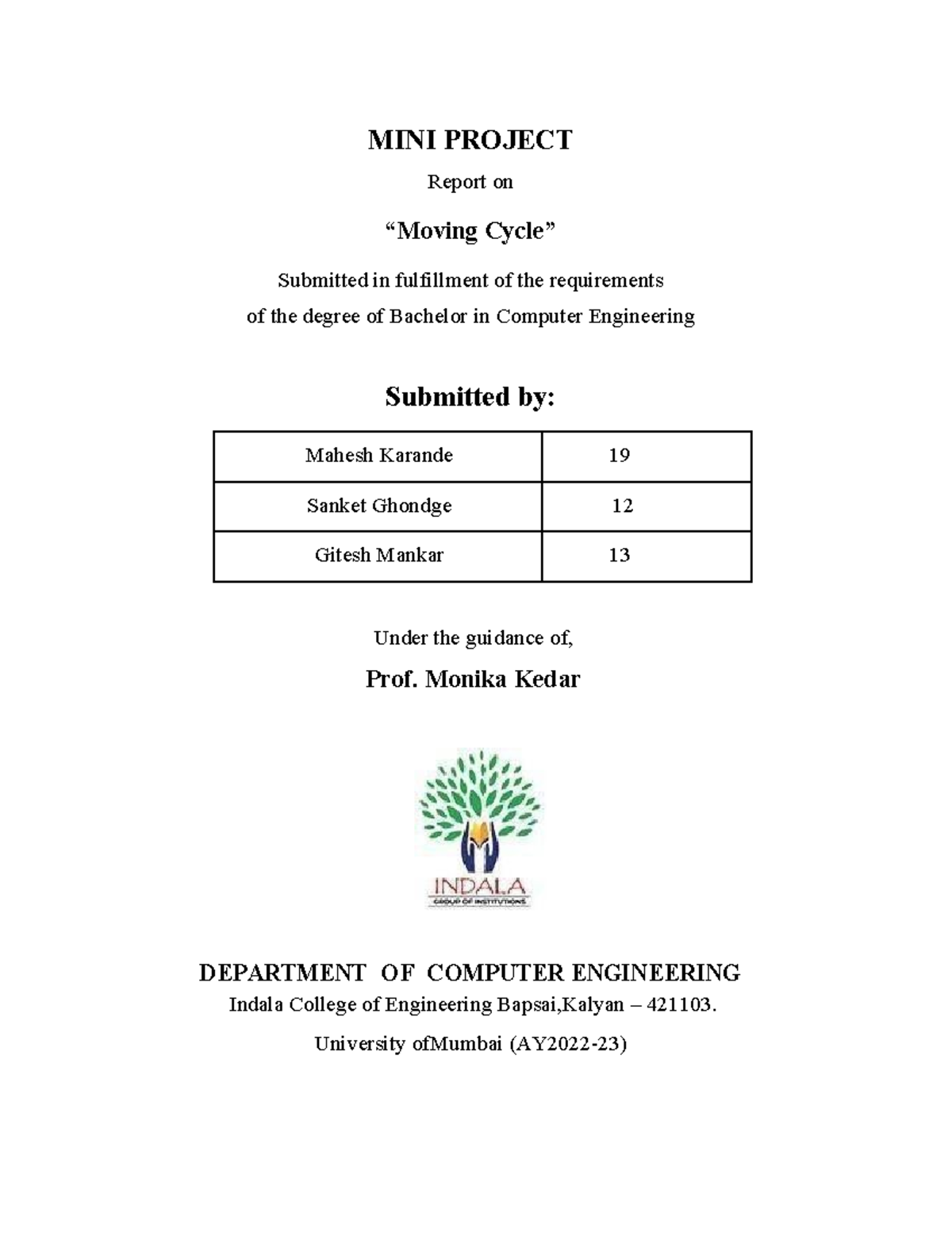 CG project - MINI PROJECT Report on “Moving Cycle” Submitted in ...