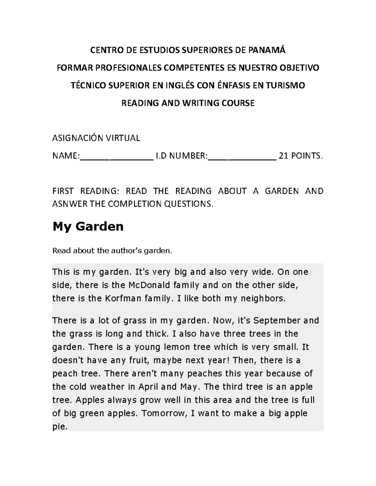 Virtual WORK Cespa, Reading AND Writing Course - CENTRO DE ESTUDIOS ...