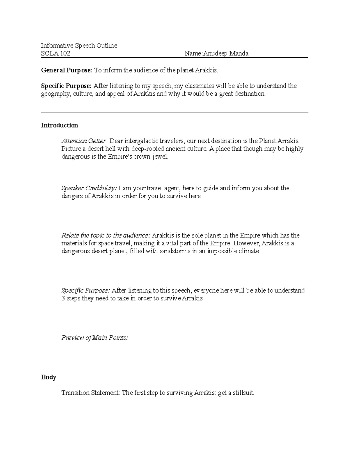 Informative Speech Blank Outline - Informative Speech Outline SCLA 102 ...