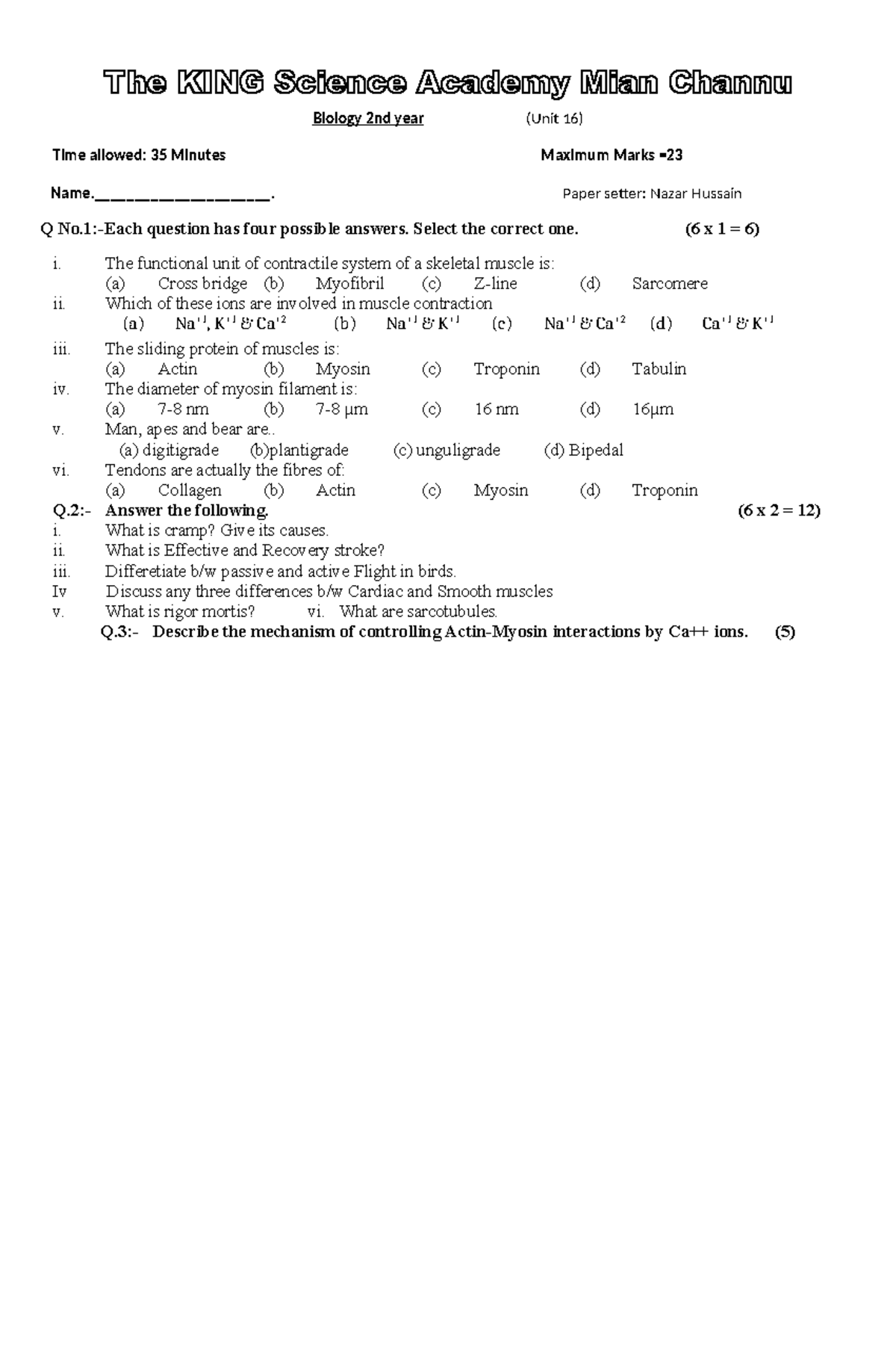 16 msl - here is test data - Biology 2nd year (Unit 16) Time allowed ...