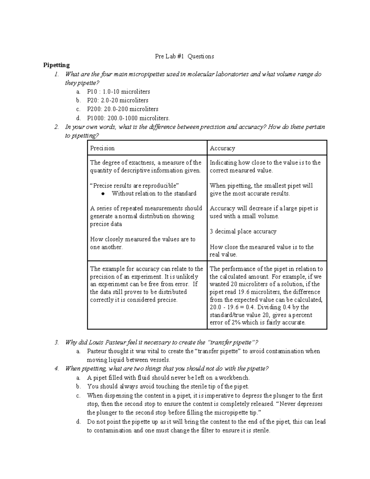 Pre-Lab Questions for Lab 1 - Pre Lab #1 Questions Pipetting What are ...