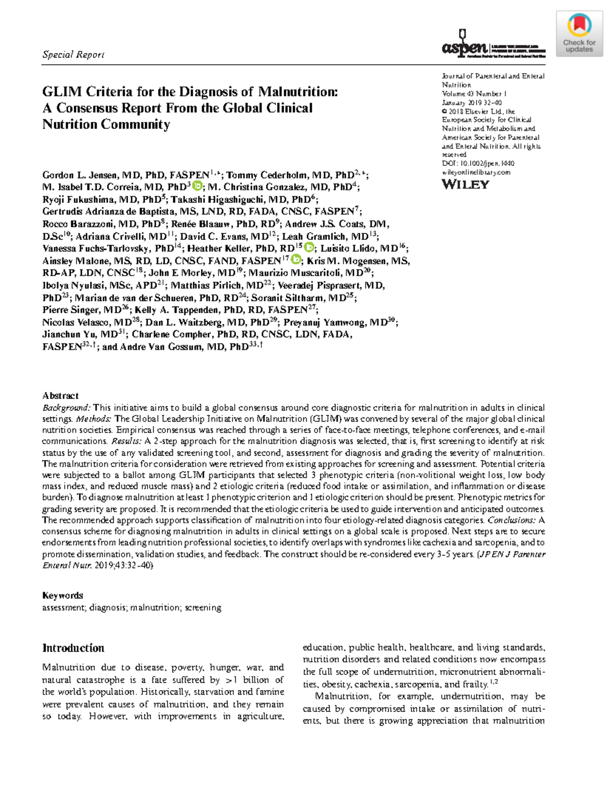 GLIM criteria for malnutrition Aspen - Special Report Journal of ...