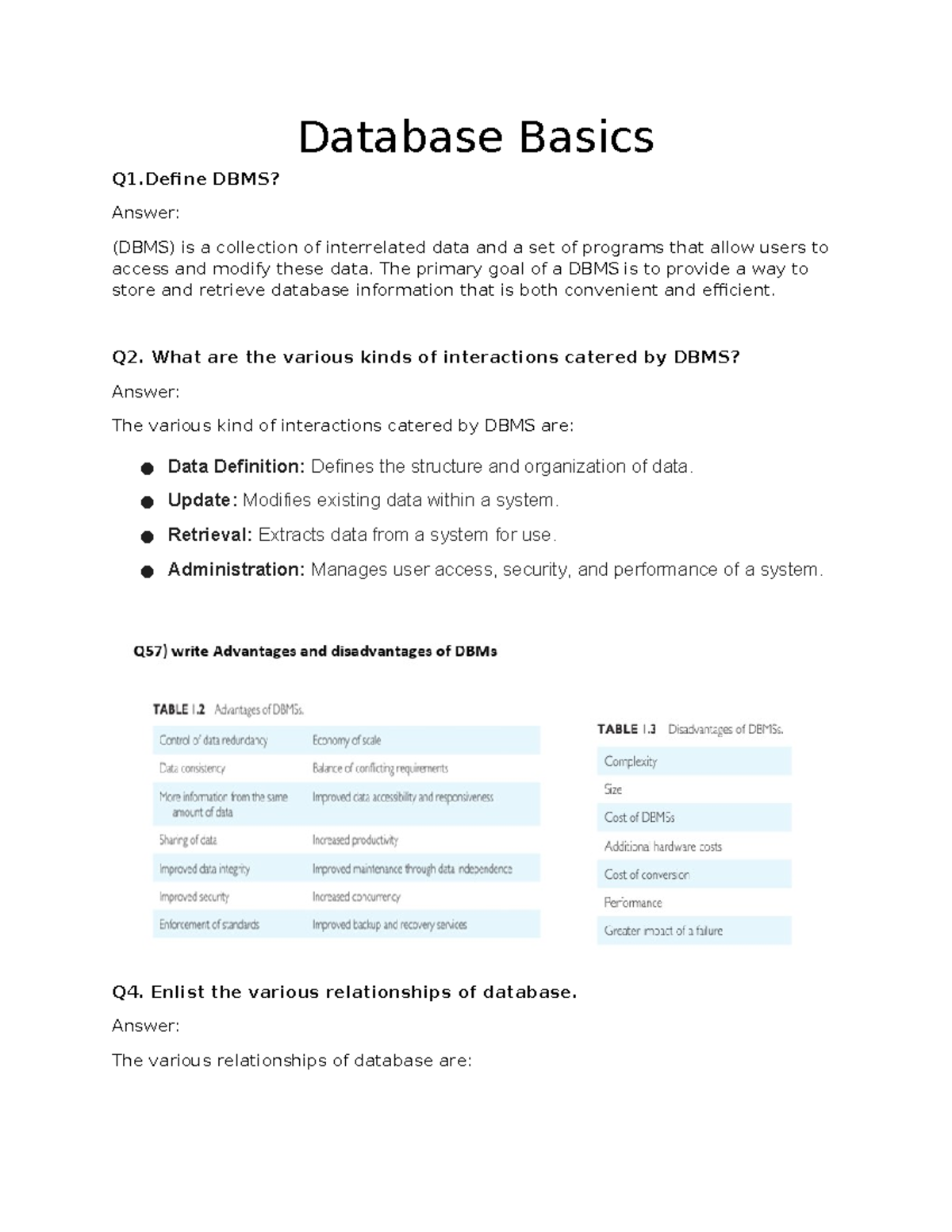 Database Basics 1 It Is Very Helpful Database Basics Q1 Dbms Answer Dbms Is A Collection
