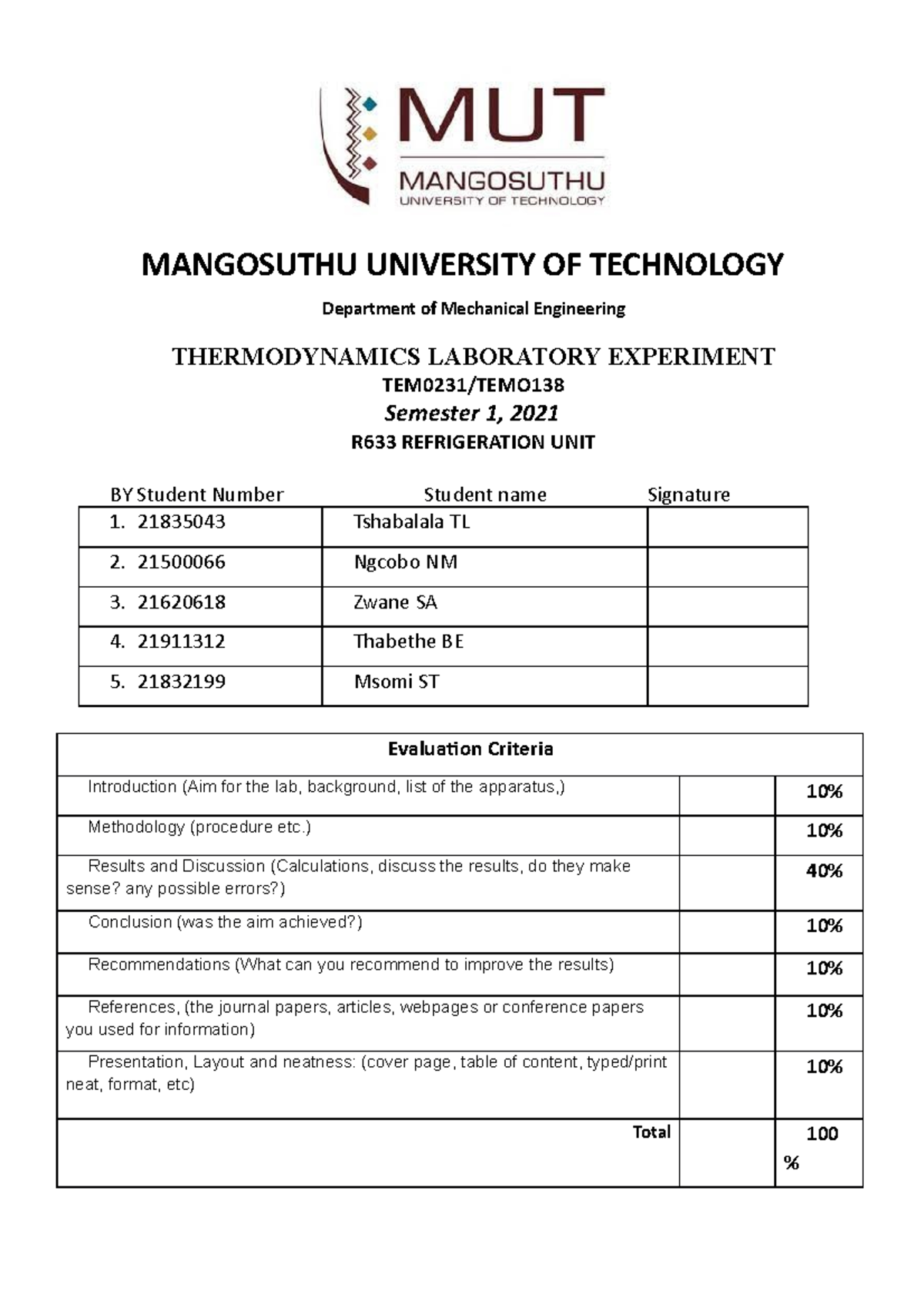Thermo dynamics Report 5-2 - MANGOSUTHU UNIVERSITY OF TECHNOLOGY ...