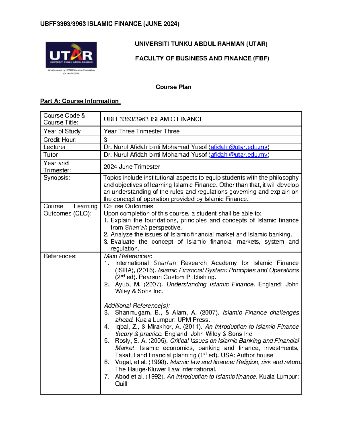 EF Course Plan UBFF3363 UBFF3963 - June 2024 - finalised - UNIVERSITI ...
