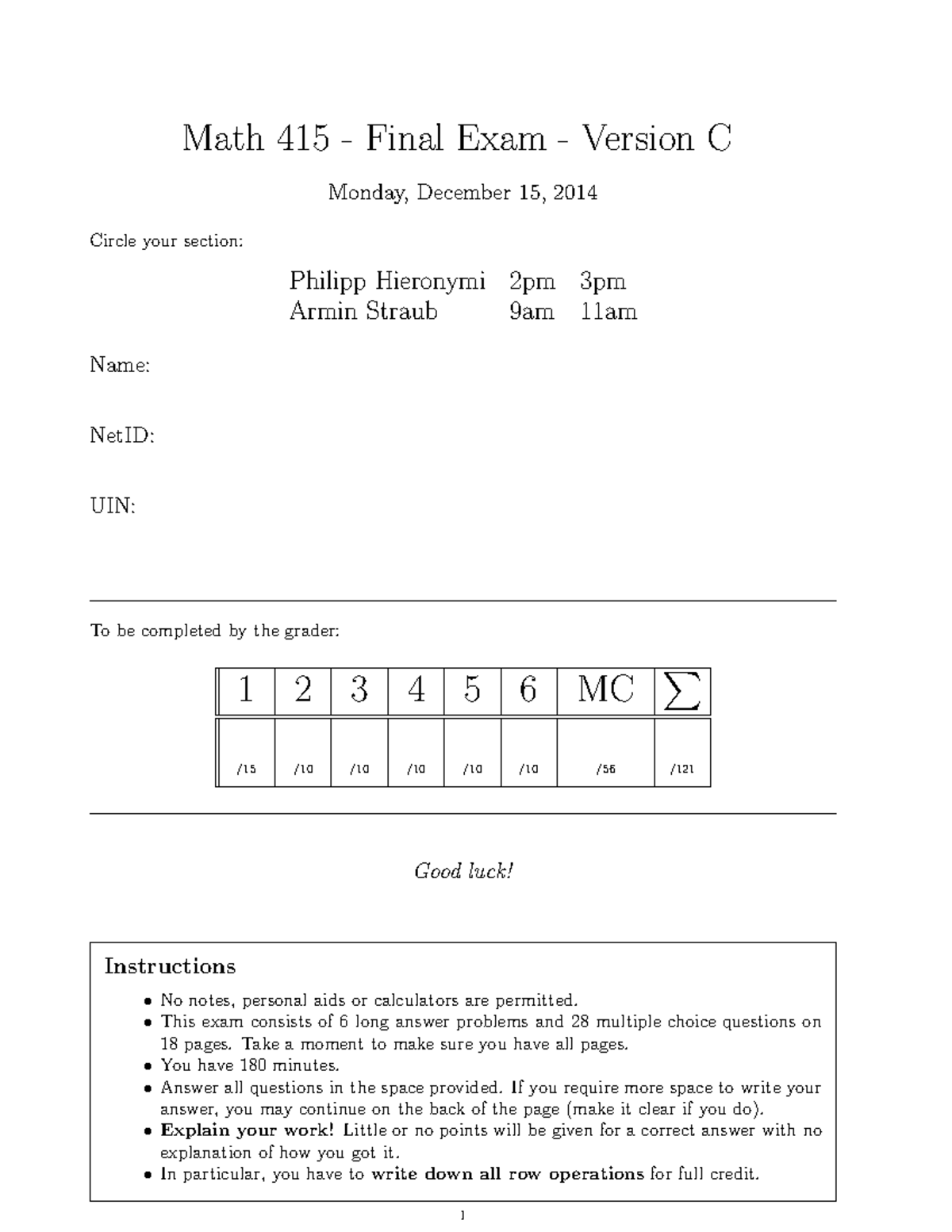 Final Practice 1 - Summary Applied Linear Algebra - Math 415 Final Exam ...