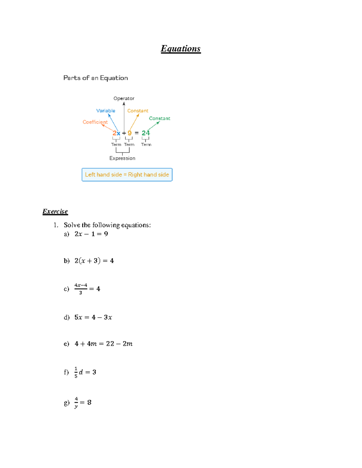Equation modified - Equations Exercise 1. Solve the following equations ...