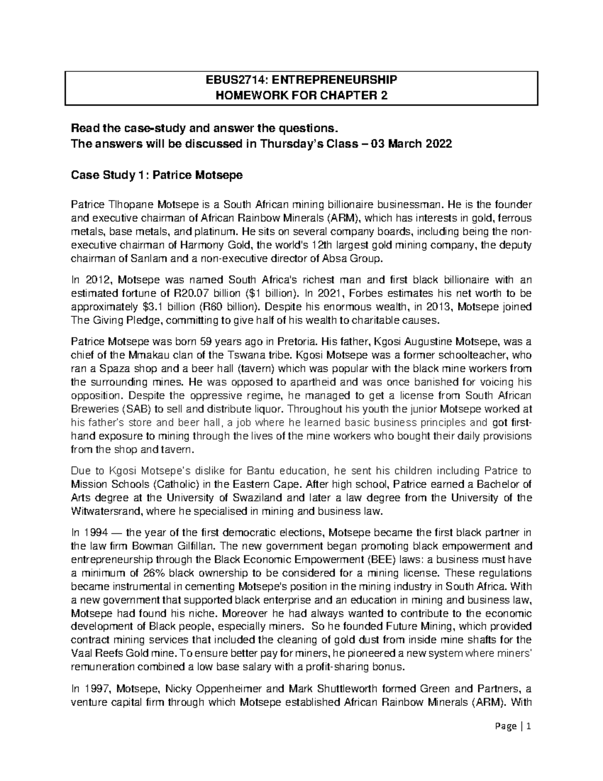 EBUS2714-Homework 03 March - Page | 1 EBUS2714: ENTREPRENEURSHIP ...