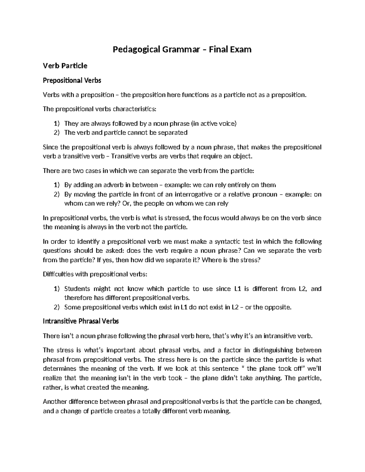 Pedagogical Grammar - course summary - Pedagogical Grammar – Final Exam ...