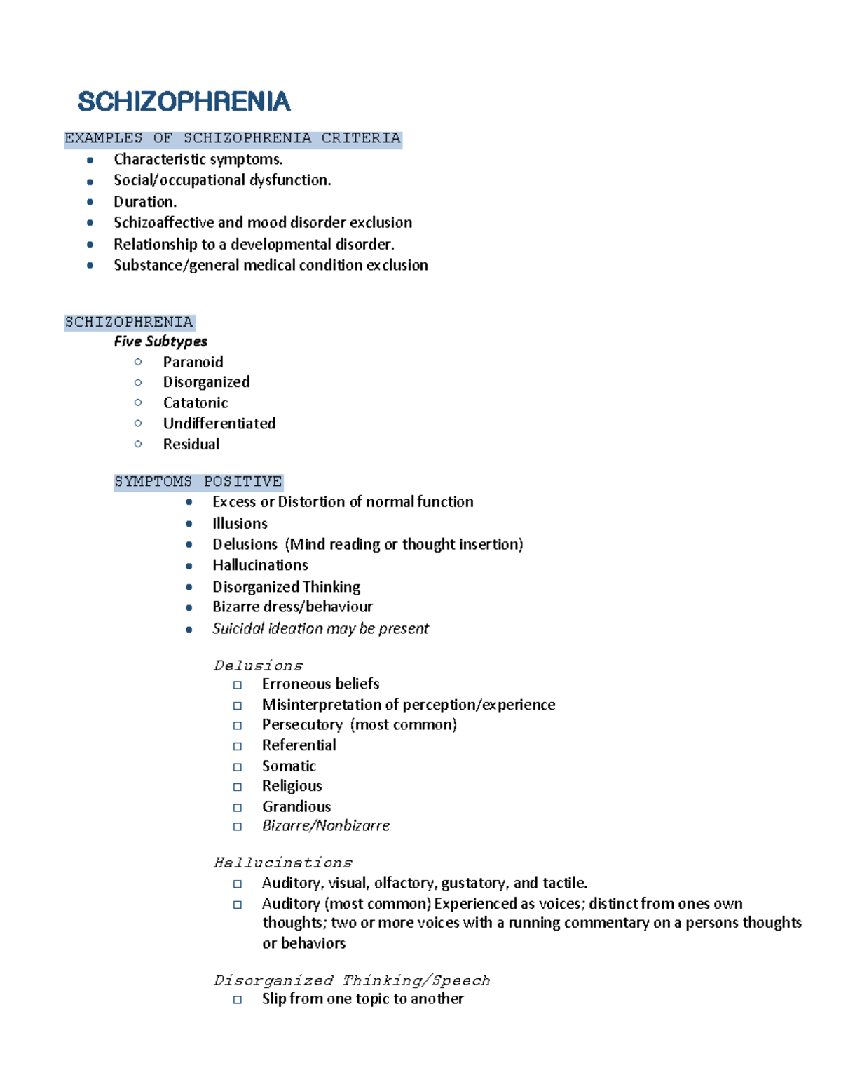 Schizophrenia - Lecture notes 2 - EXAMPLES OF SCHIZOPHRENIA CRITERIA ...