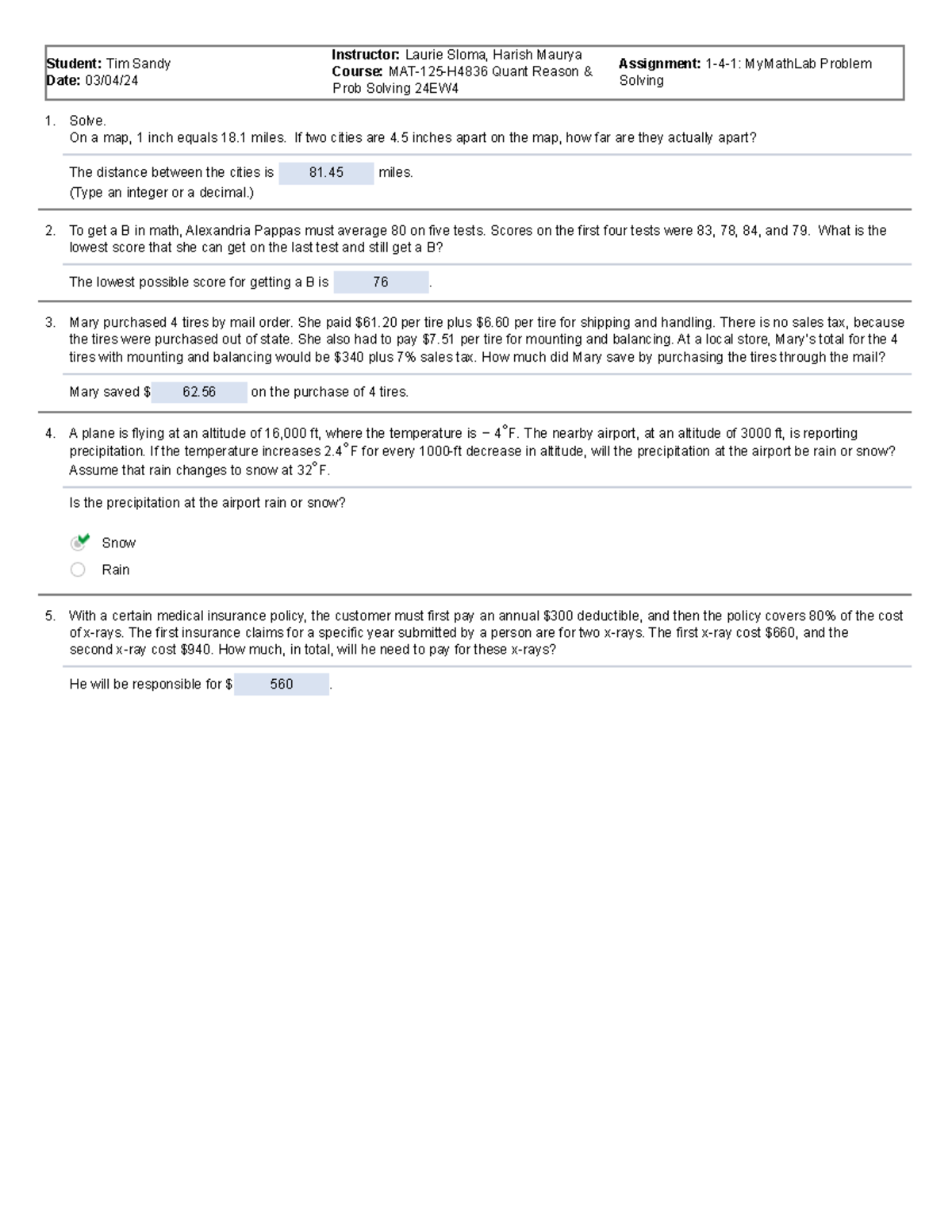 1-4-1 My Math Lab Problem Solving - 1. 2. 3. 4. 5. Student: Tim Sandy ...