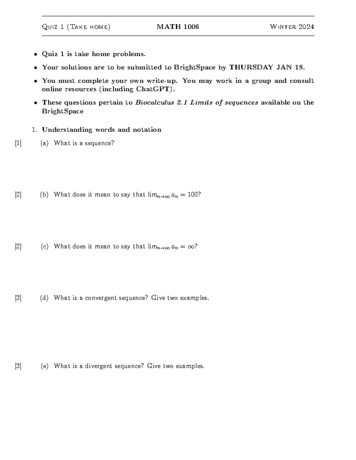 Quiz-1 - Quiz 1 (Take home) MATH 1006 Winter 2024 Quiz 1 is take home ...