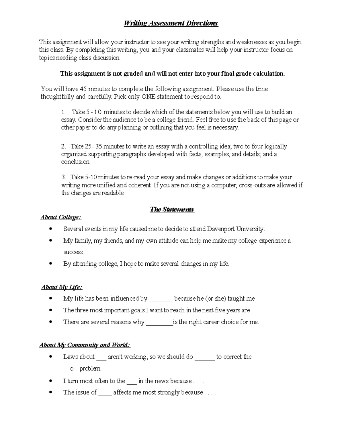 Writing assessment - By completing this writing, you and your ...