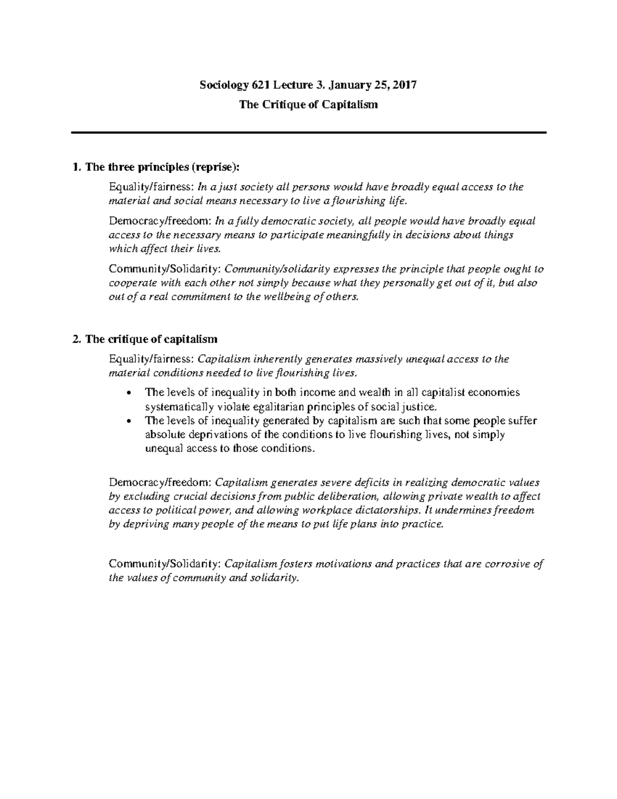 The Critique of Capitalism - Sociology 621 Lecture 3. January 25, 2017 ...