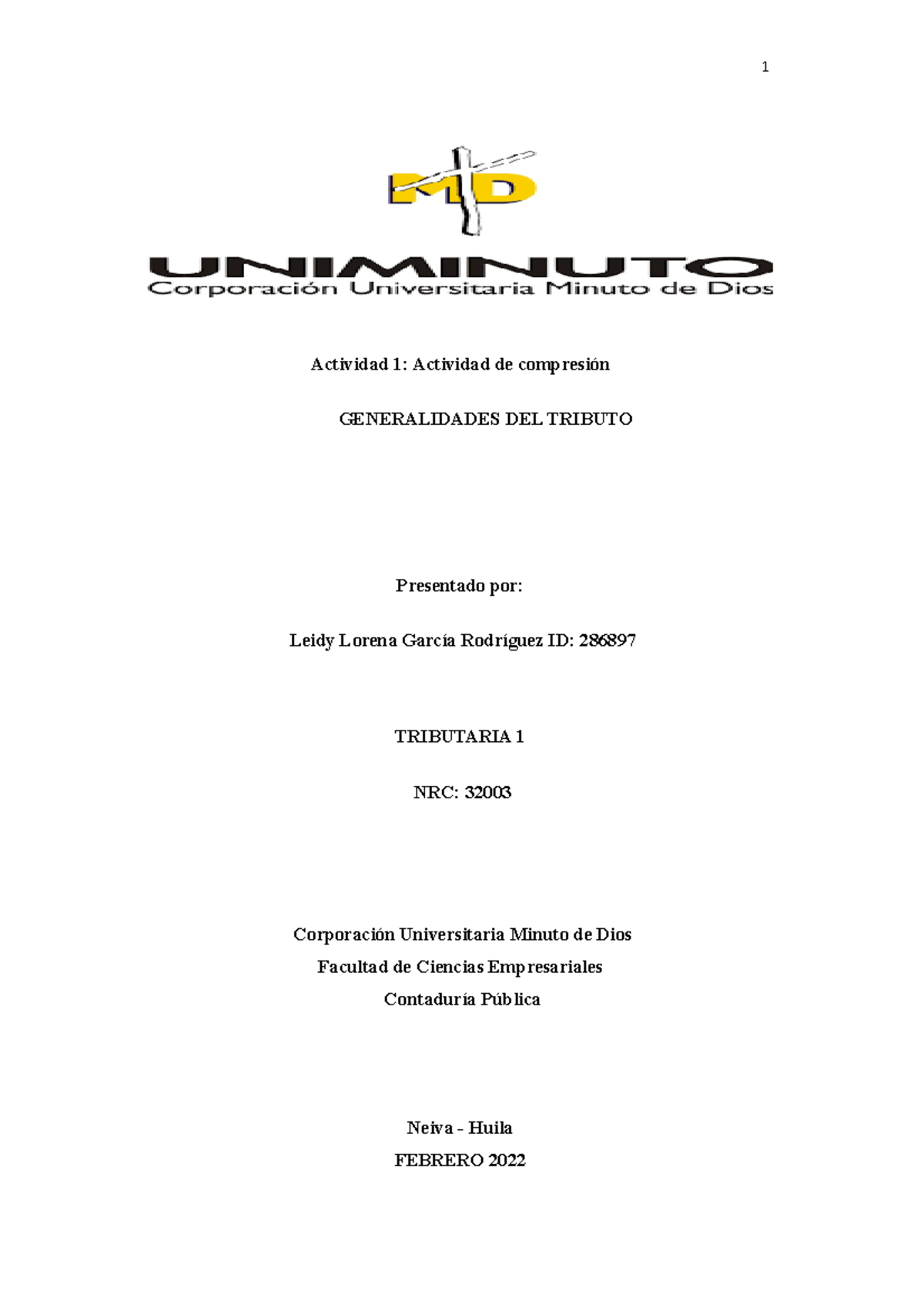 Actividad 1 generalidades del tributo - Actividad 1: Actividad de compresión GENERALIDADES DEL ...