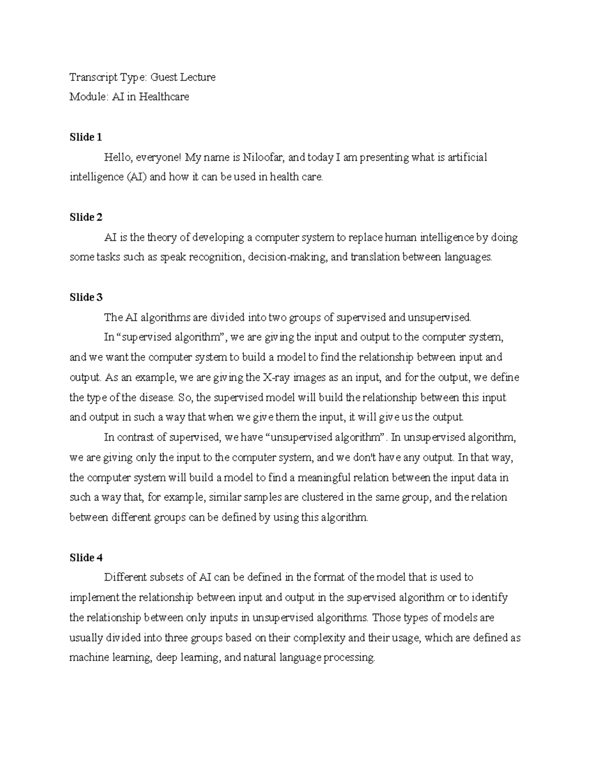 Niloofar Jilali - HLTH230 - AI in Healthcare Transcript - Transcript ...