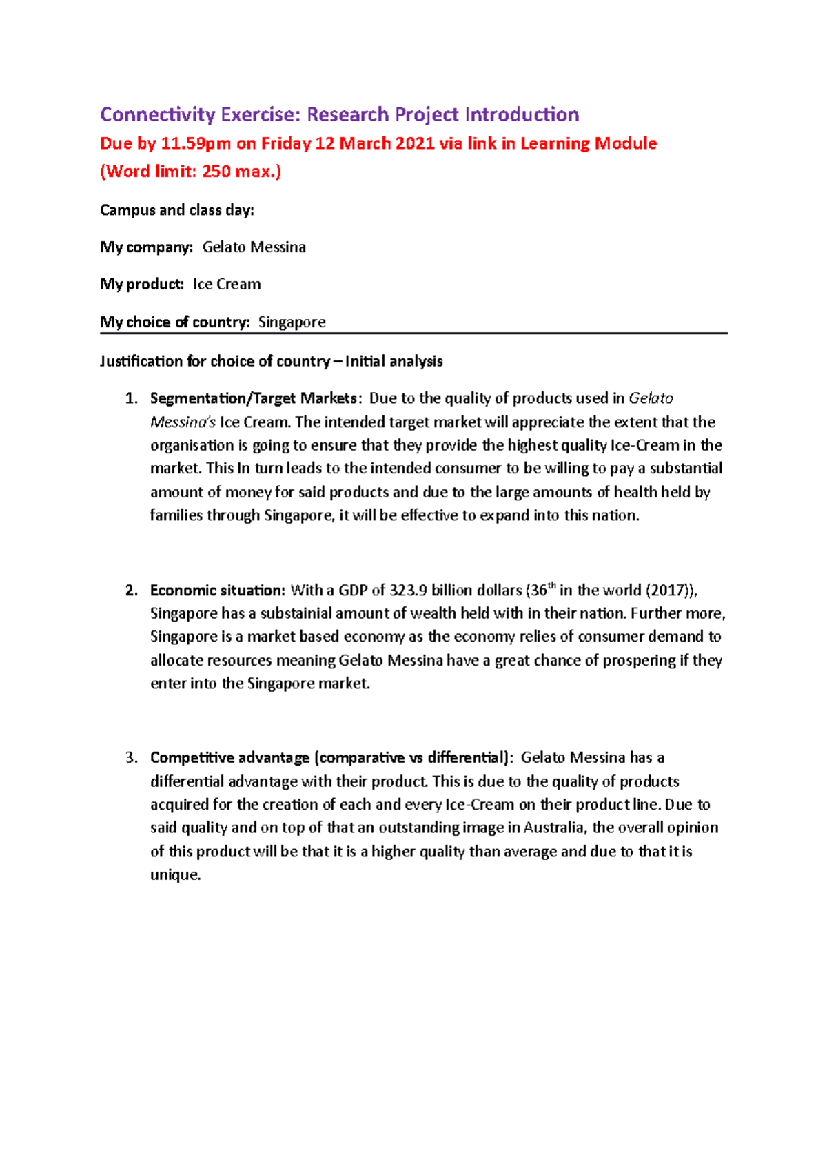 Assessment One, Choice of Country Reasoning - Connectivity Exercise ...