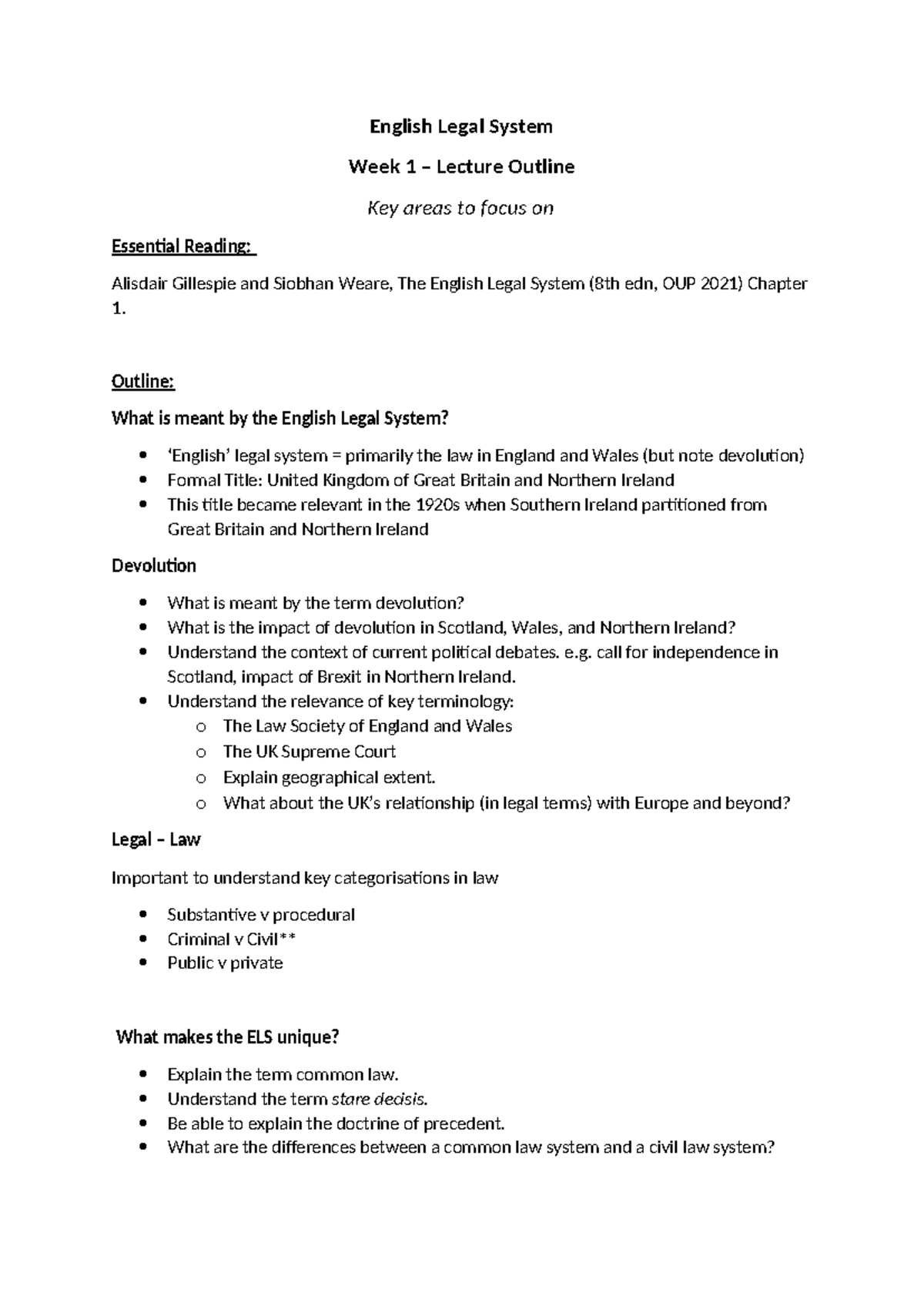 Els Week 1 Lecture Outline 1 1 1 English Legal System Week 1 Lecture Outline Key Areas To 