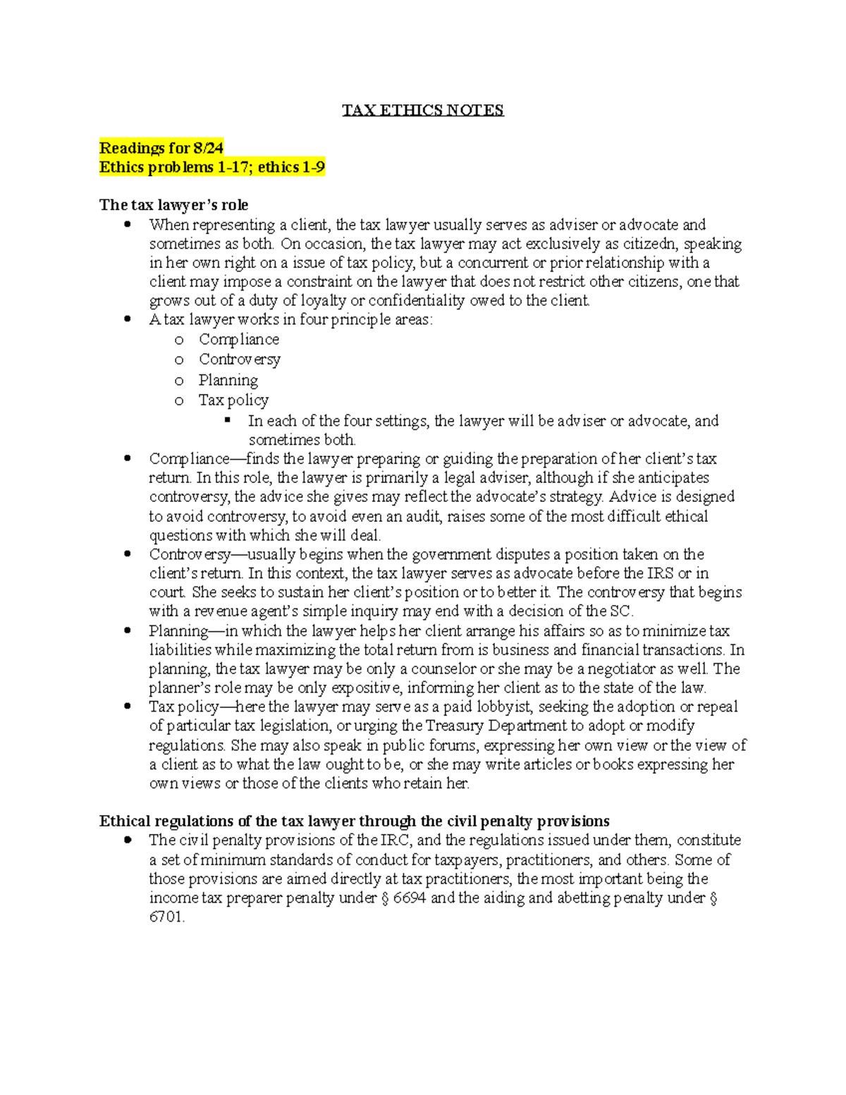 TAX Ethics Notes - TAX ETHICS NOTES Readings for 8/ Ethics problems 1 ...