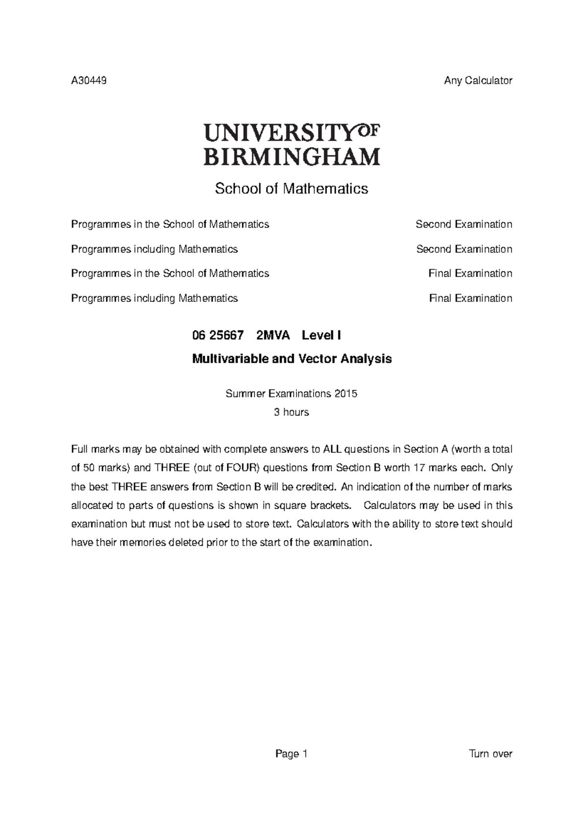 2015 past paper - School of Mathematics Programmes in the School of ...