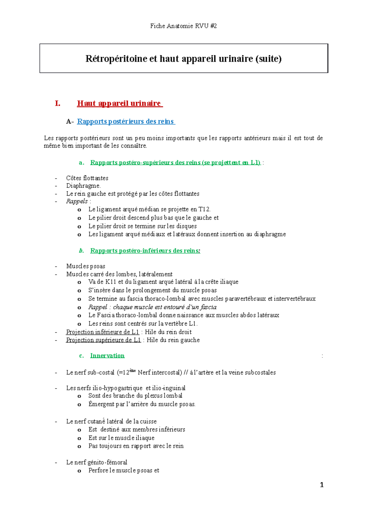 Fiche Anat RVU 2 - Rétropéritoine et haut appareil urinaire (suite) I ...