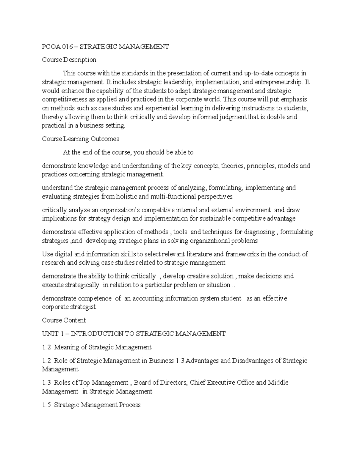 Strat Man Syllabus - 123 - PCOA 016 – STRATEGIC MANAGEMENT Course ...