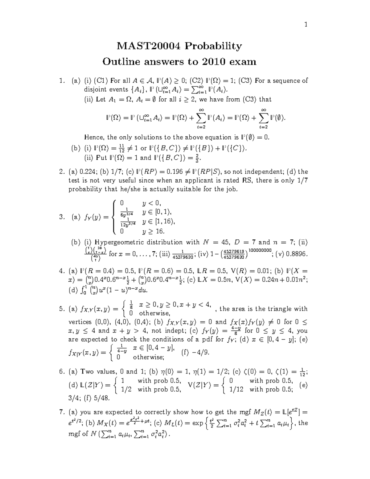 Mast20004 2009 Exam soulutions - 1 MAST20004 Probability Outline ...