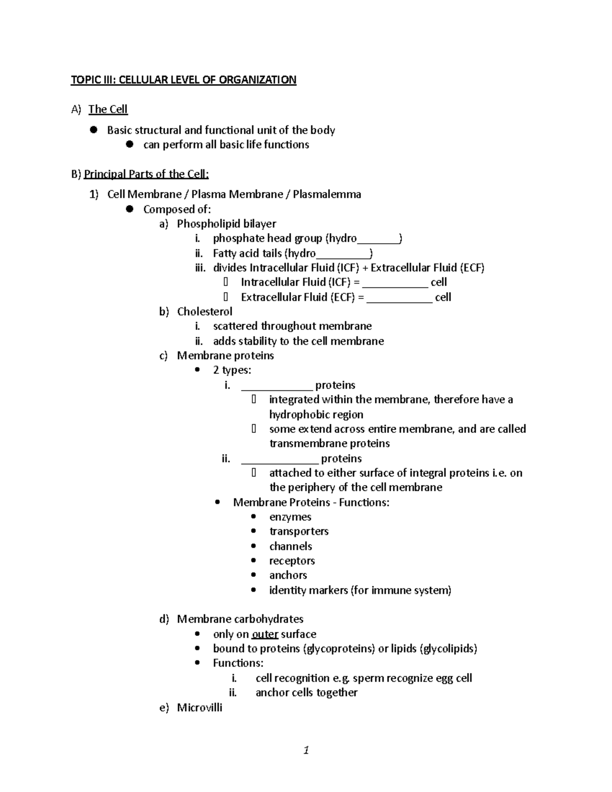 3 - Topic III - Cellular Level OF Organization - BIOL1410 - U of M ...