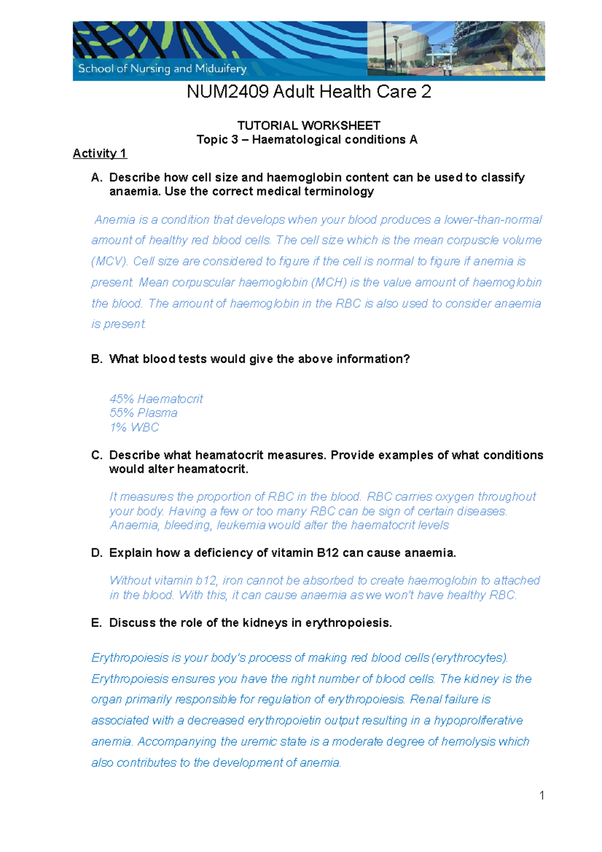 Week 2 Tutorial - Case Studies - TUTORIAL WORKSHEET Topic 3 – Haematological conditions A ...