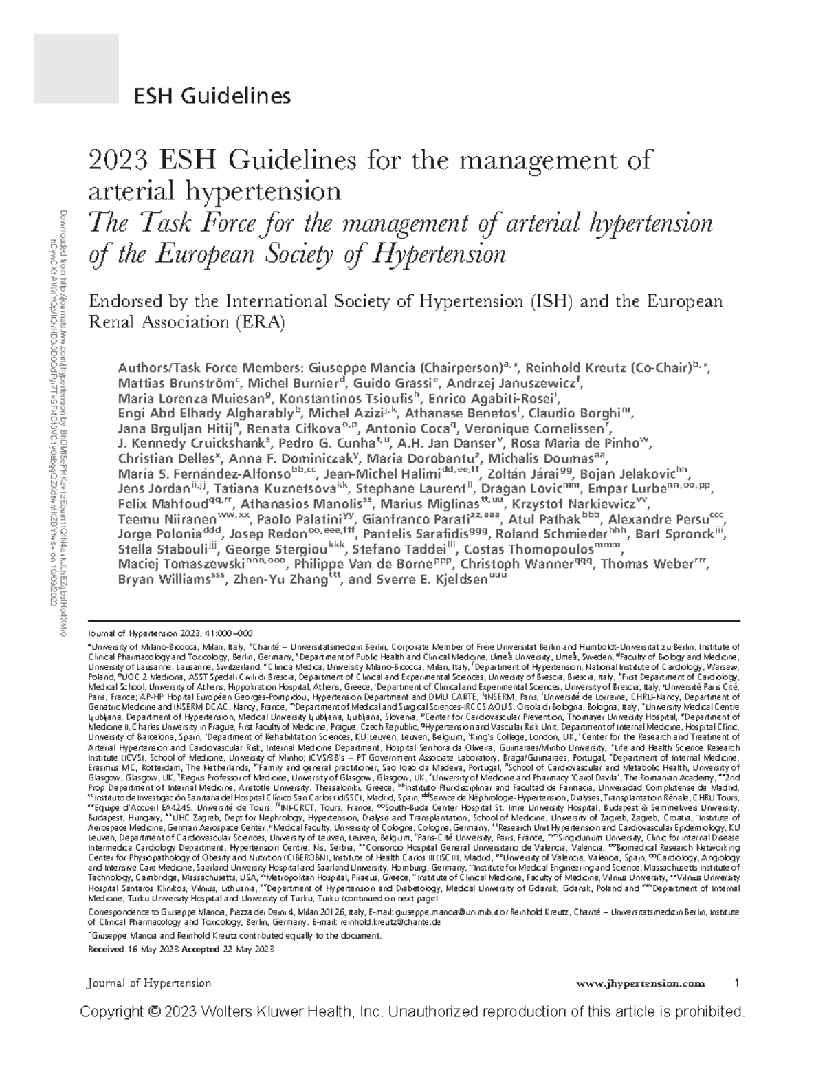 2023 esh guidelines for the management of arterial - JH-D-23- 2023 ESH Guidelines for the ...