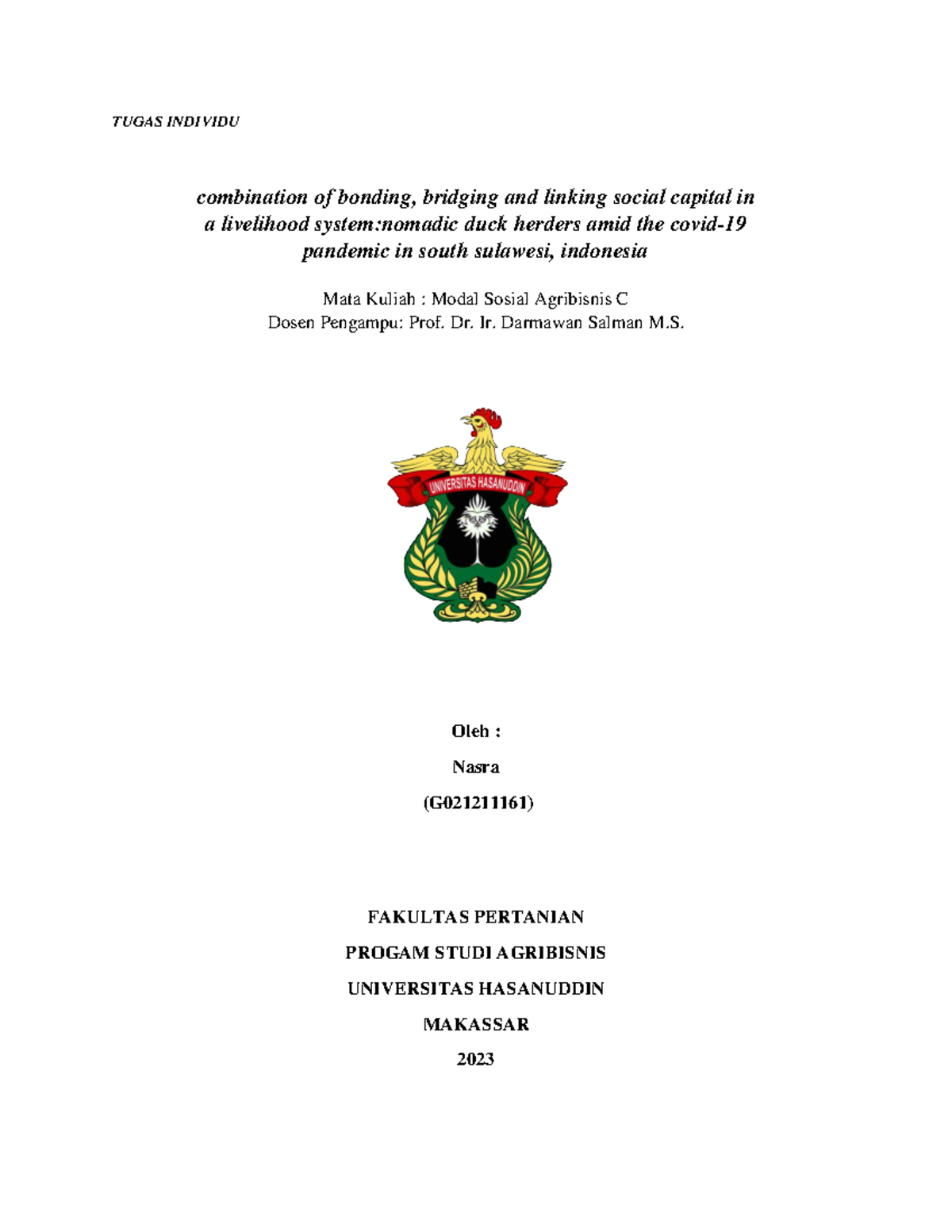 Review Jurnal modal sosial agribisnis - TUGAS INDIVIDU combination of bonding, bridging and ...