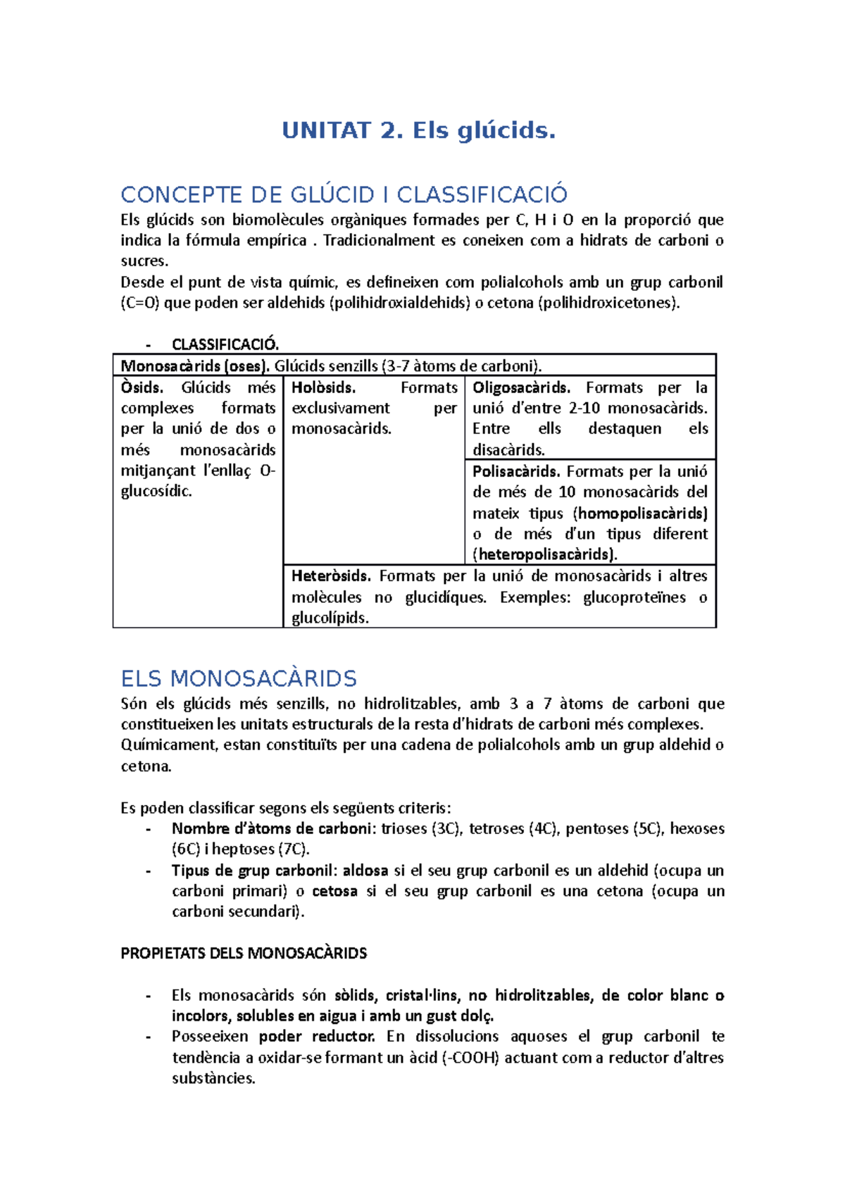 Unitat 2. Glúcids - Glúcidos - UNITAT 2. Els glúcids. CONCEPTE DE GLÚCID I CLASSIFICACIÓ Els ...