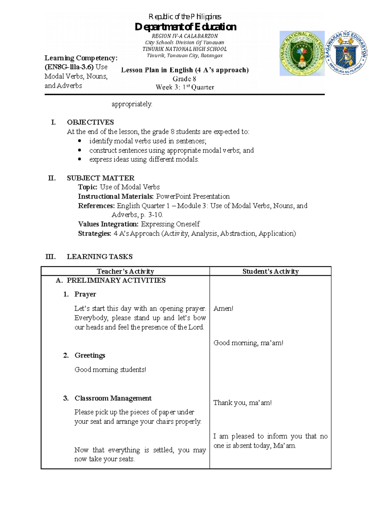 Use-of-Modal-Verbs Lesson-Plan Q1 Revised - Learning Competency: (EN8G ...