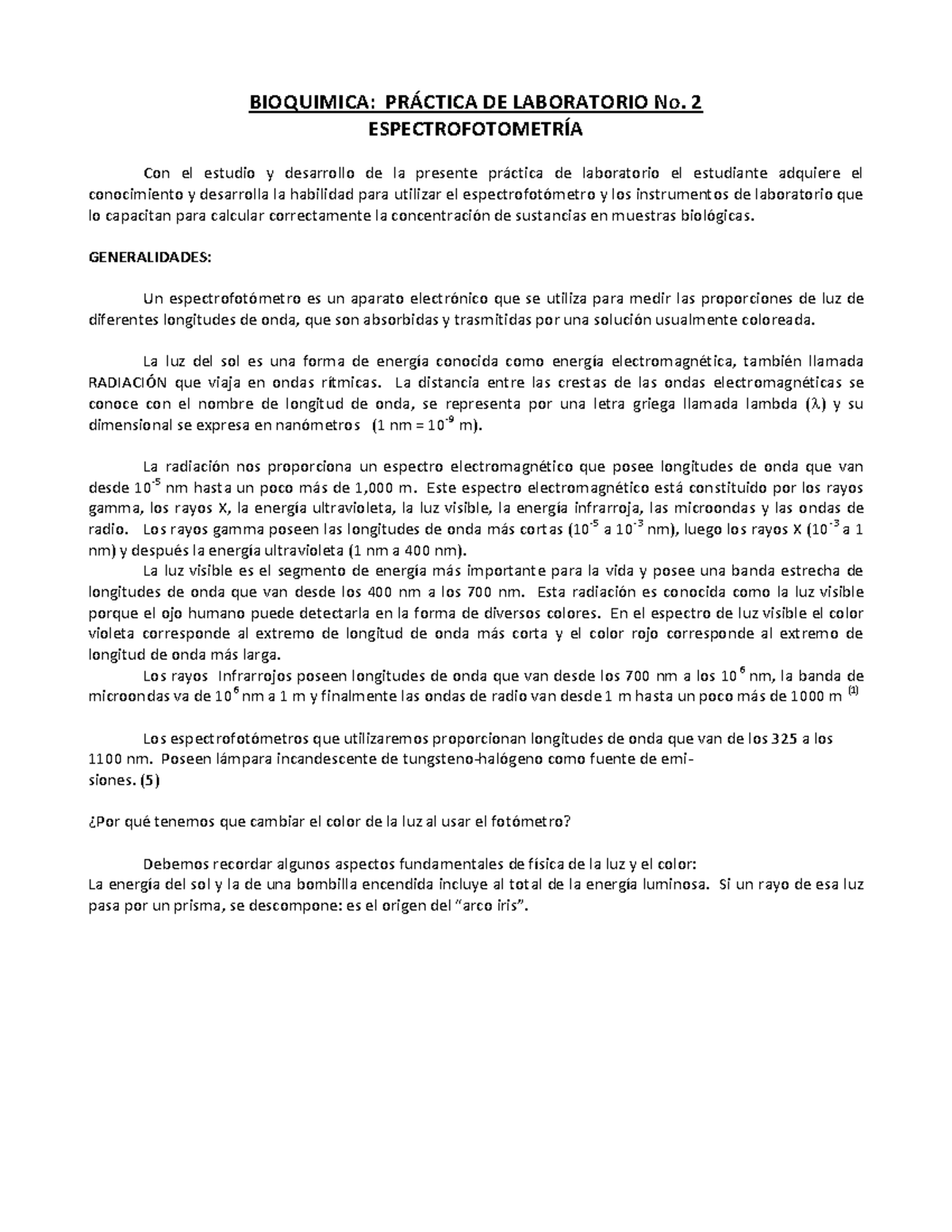 Practica-espectrofotometria - BIOQUIMICA: PR¡CTICA DE LABORATORIO NO. 2 ESPECTROFOTOMETRÕA Con ...