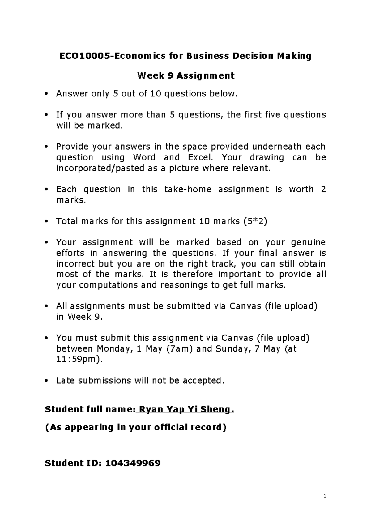 Econs WEEK 9 Assignment - ECO10005-Economics for Business Decision Making Week 9 Assignment ...