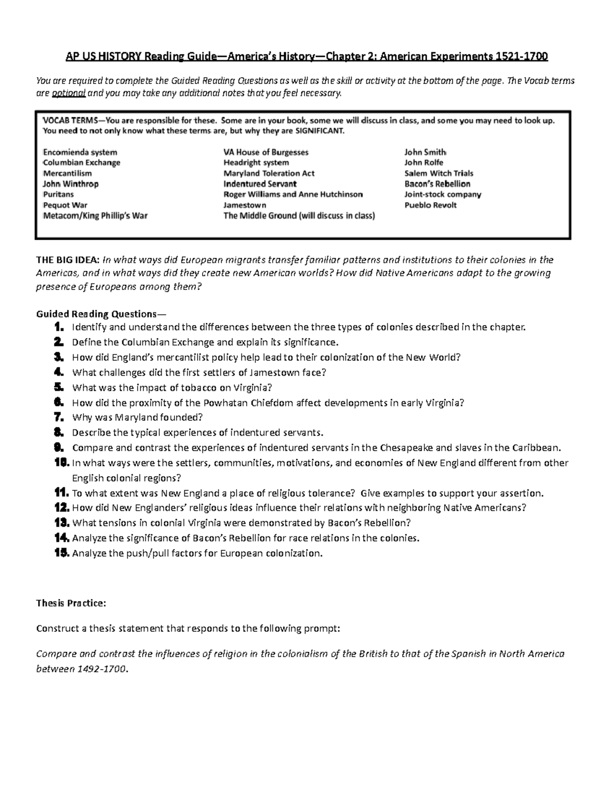 Ch. 2 Reading Guide America's History, Henretta - AP US HISTORY Reading ...