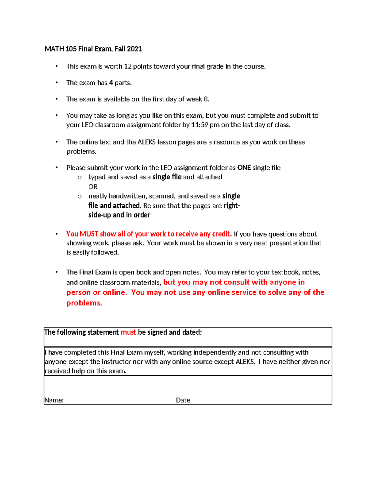 MATH 105 Final Exam Fall 2021[25] - MATH 105 Final Exam, Fall 2021 - This exam is worth 12 ...