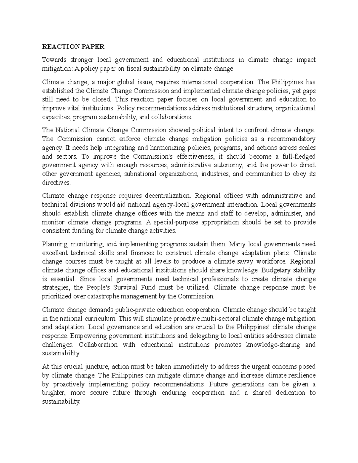 Reaction Paper on Climate Change - REACTION PAPER Towards stronger ...