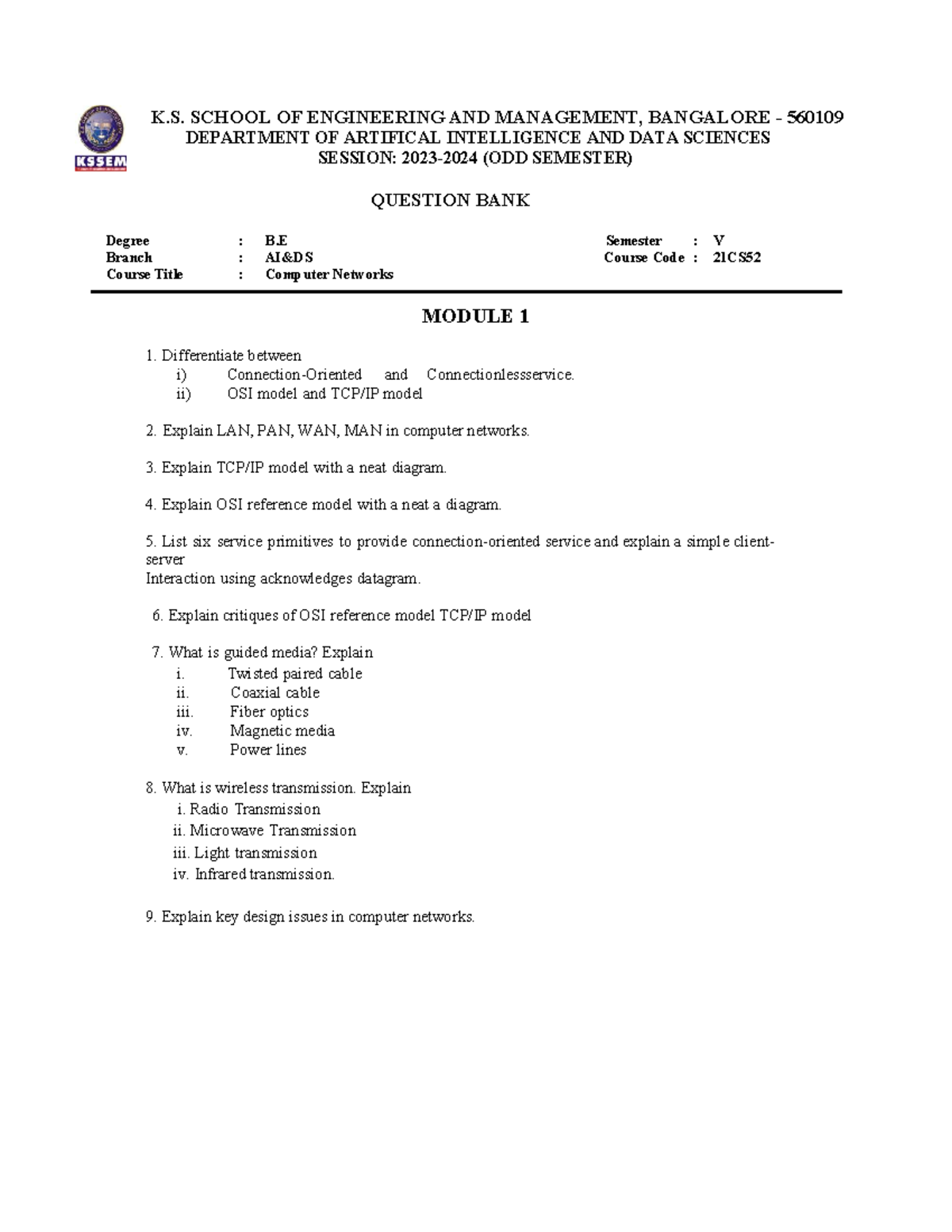 CN Question BANK ALL Modules - K. SCHOOL OF ENGINEERING AND MANAGEMENT, BANGALORE - 560109 - Studocu