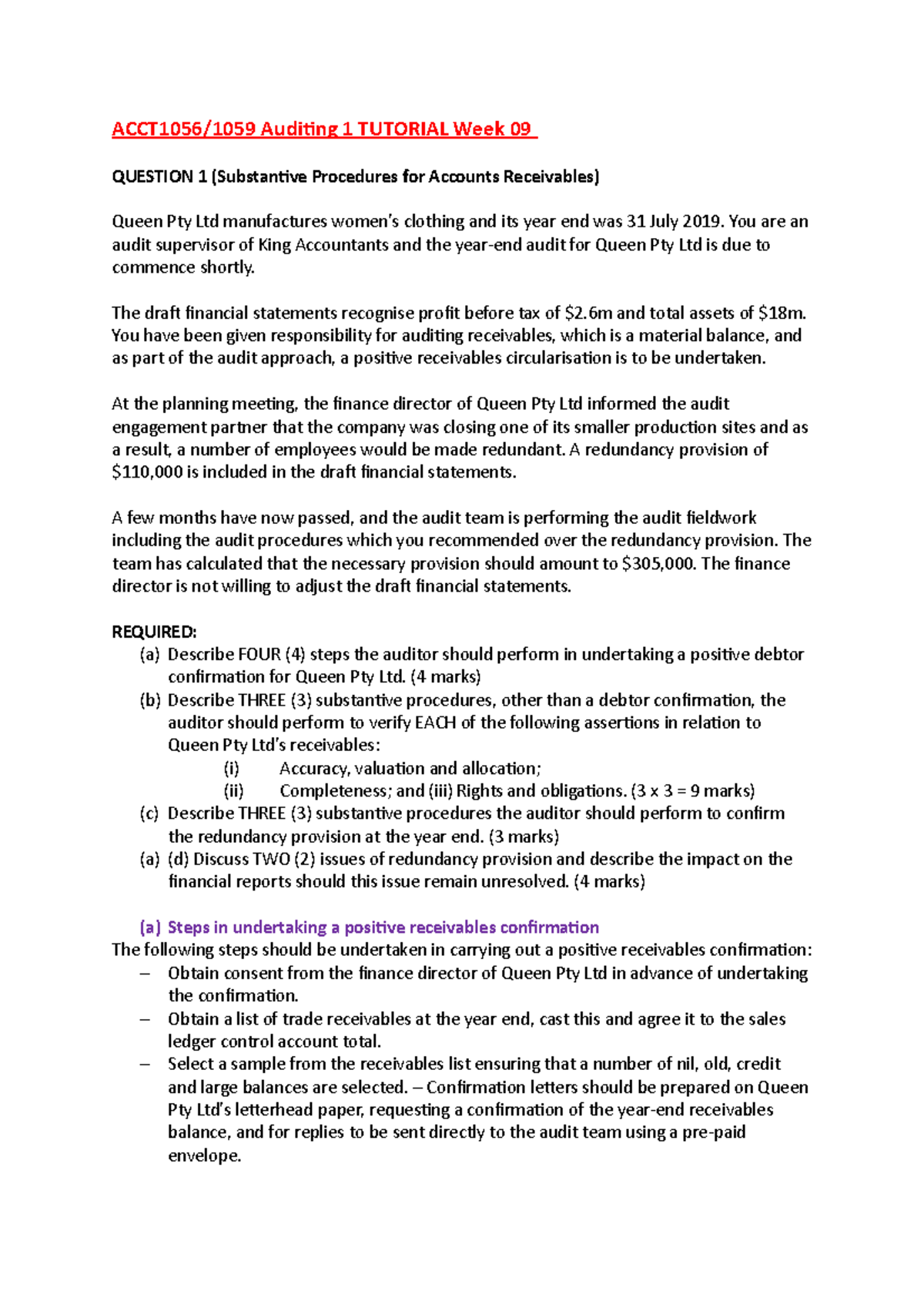 Tutorial Case study - Week 9 - ACCT1056/1059 Auditing 1 TUTORIAL Week 09 QUESTION 1 (Substantive ...