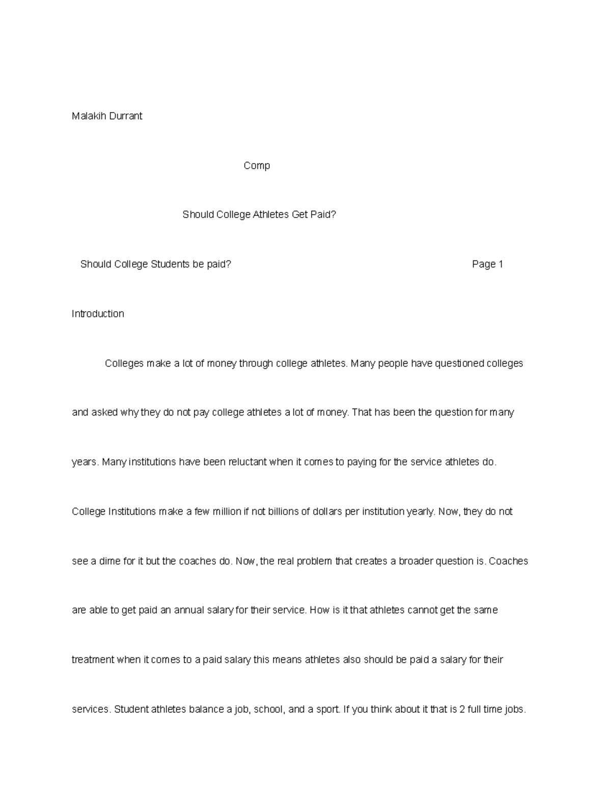 Writing Assignment - Malakih Durrant Comp Should College Athletes Get ...