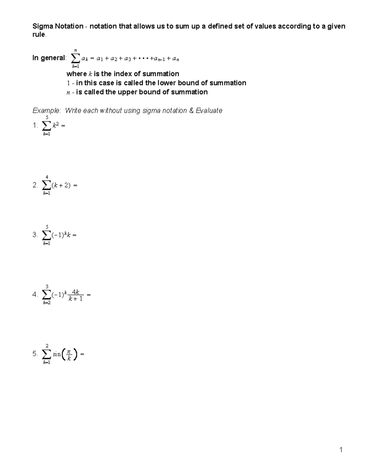 Sigma Notation Notes - Sigma Notationrule. -notation that allows us to ...