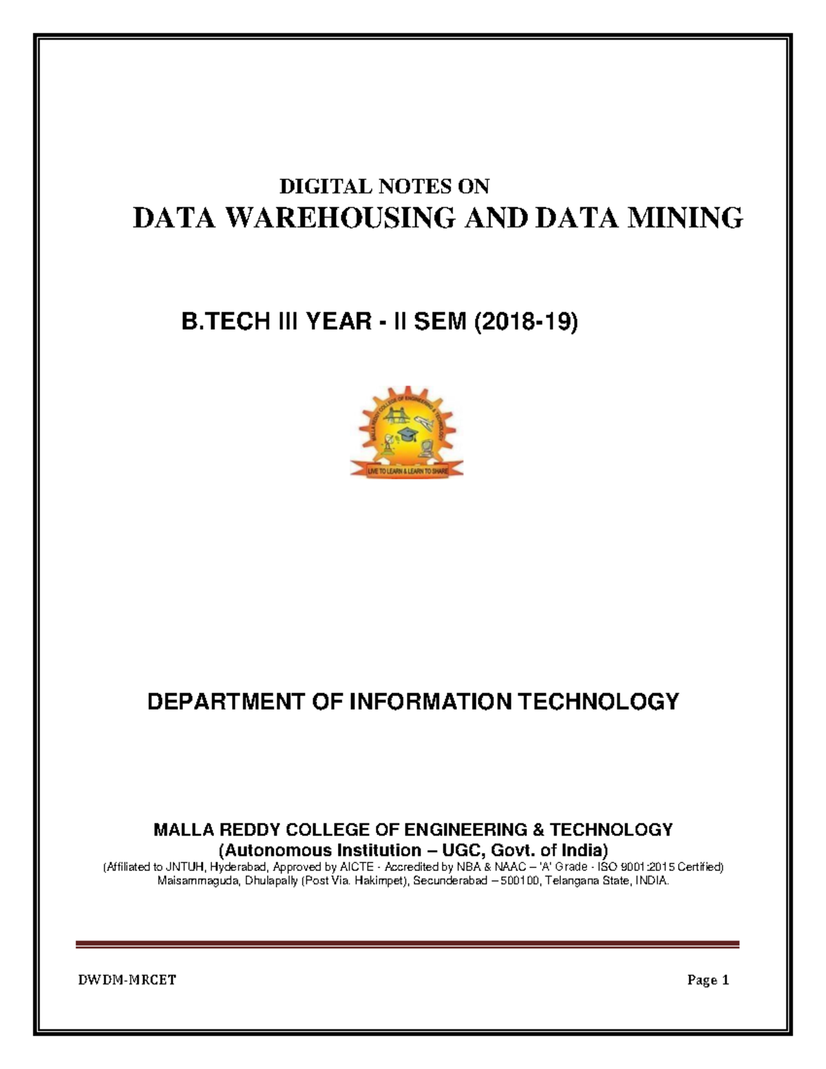 DWDM Lecture Notes III-II - DIGITAL NOTES ON DATA WAREHOUSING AND DATA ...