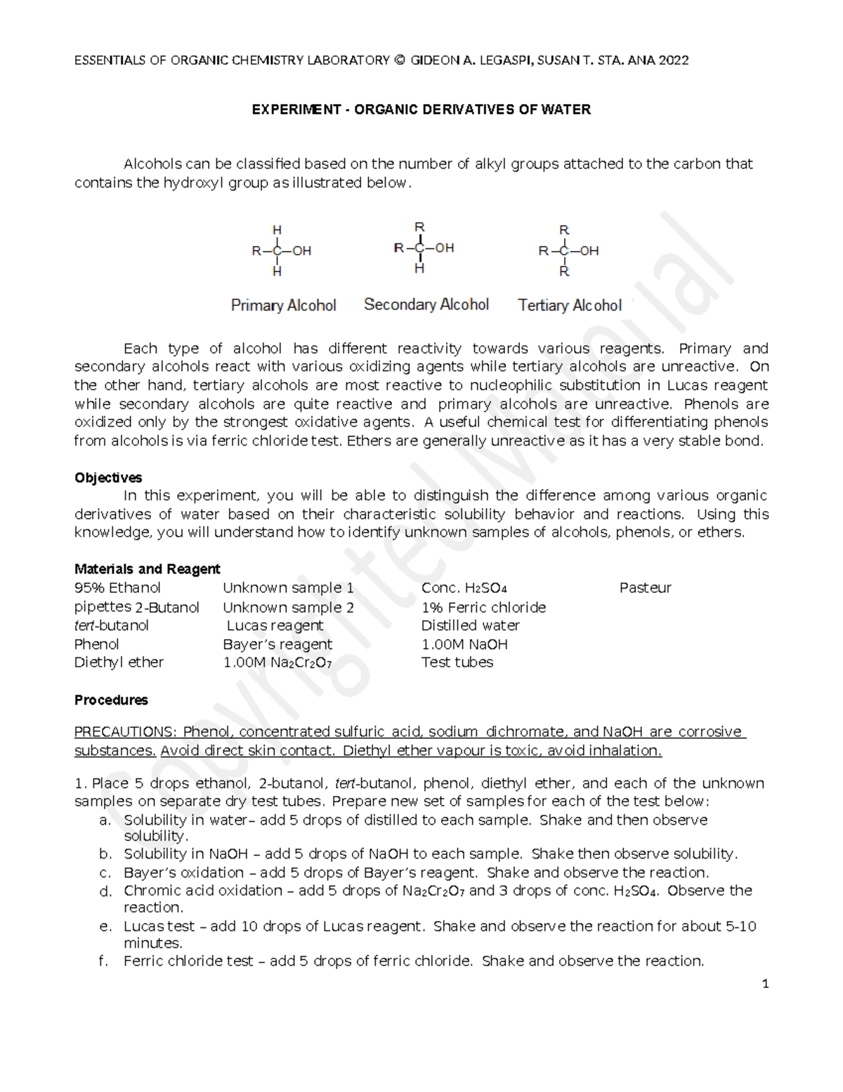 Organic Derivatives of water - EXPERIMENT - ORGANIC DERIVATIVES OF ...