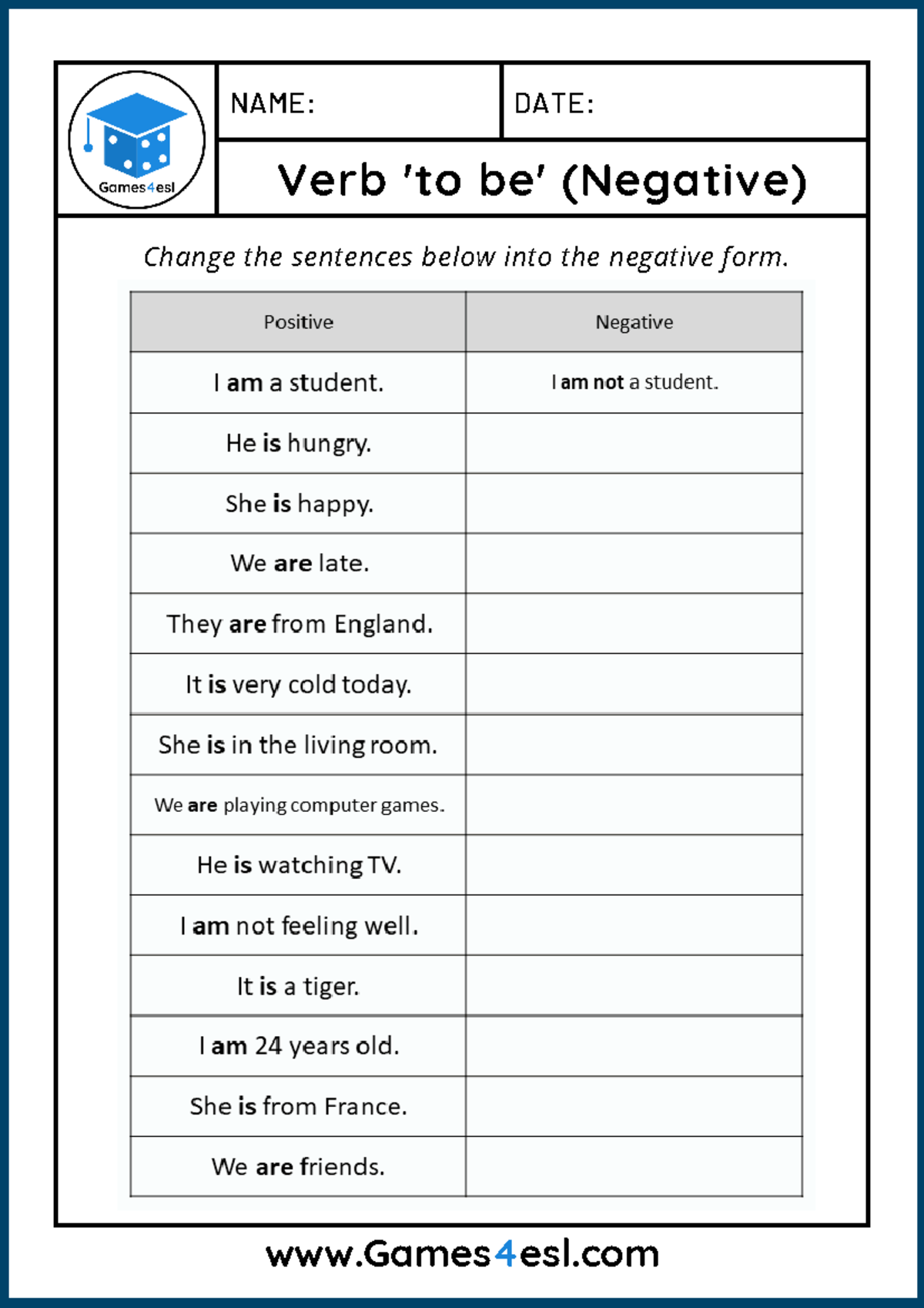 Verb To Be Worksheet 3 - INGLÉS II - Verb 'to be' (Negative) DATE ...