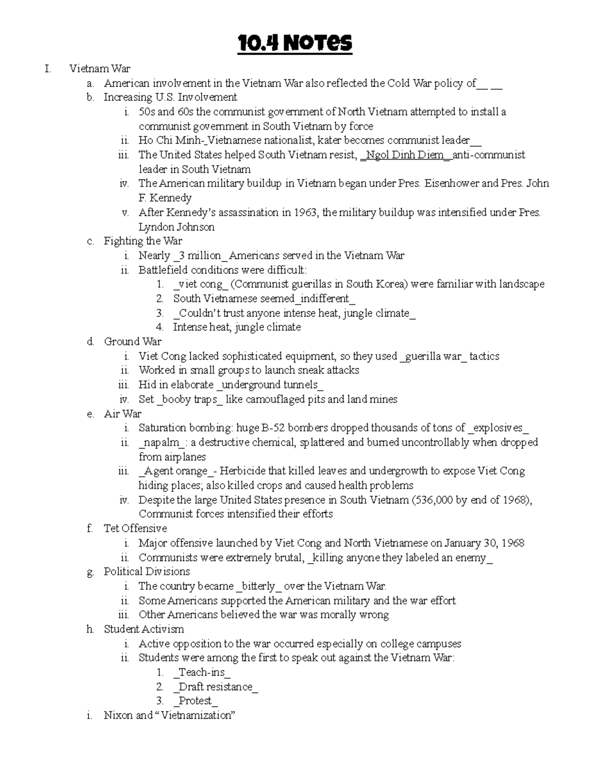 Copy of 10.4 notes - .................... - 10 Notes I. Vietnam War a ...