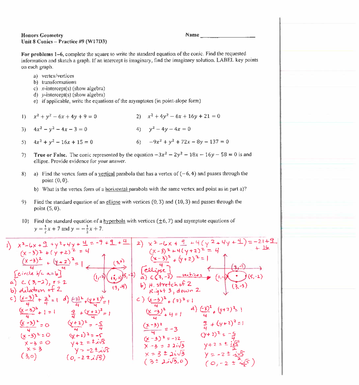 W17D1 Conics Practice #9 (cut down) KEY - Honors Geometry Name Unit 8 ...