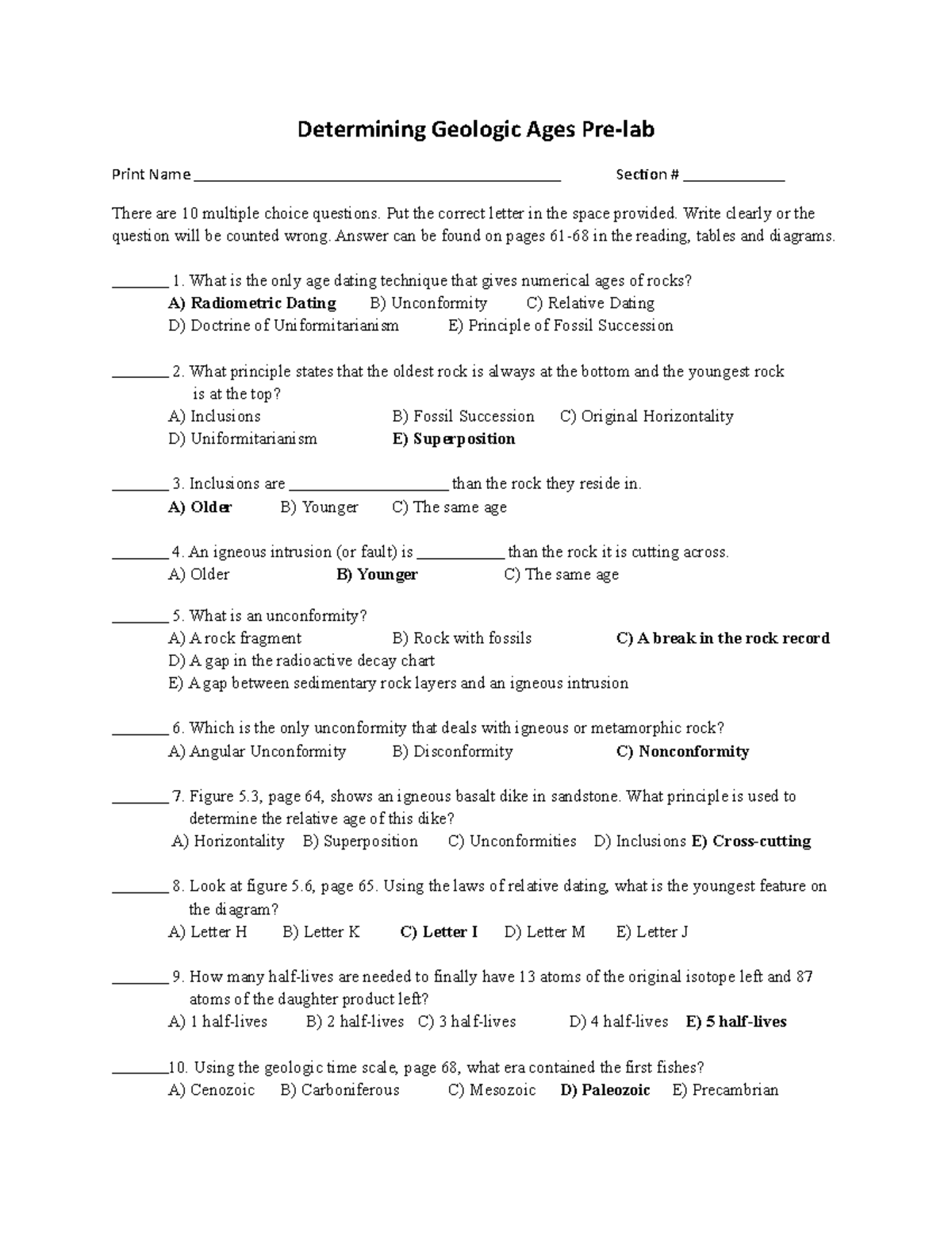 Geologic Ages Pre-lab - Quiz - Determining Geologic Ages Pre-lab Print Name Section # There are ...