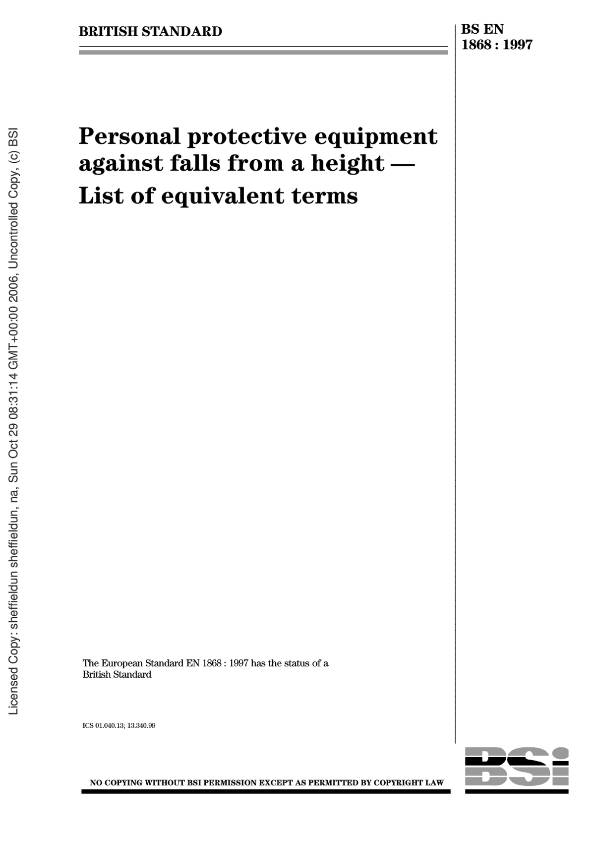 BS EN 1868 1997 - personal protective equipment - BRITISH STANDARD BS EN 1868 : 1997 Personal ...